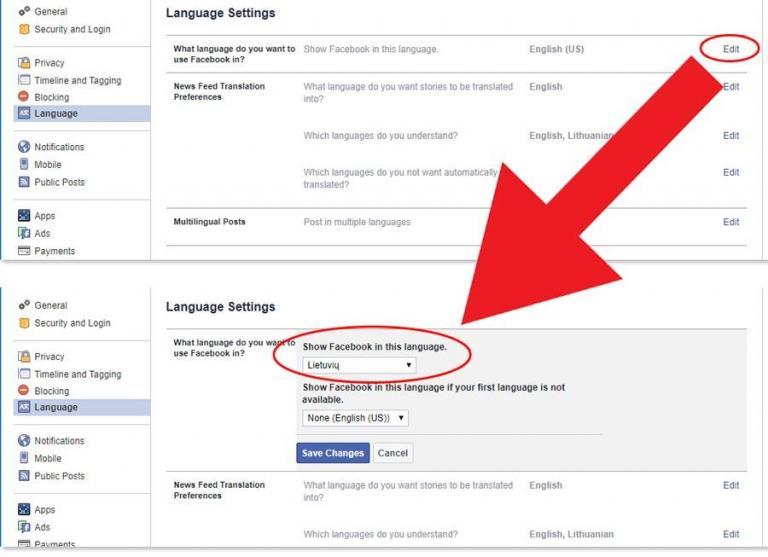 Facebook kalbos ir privatumo nustatymai - kaip juos pakeisti